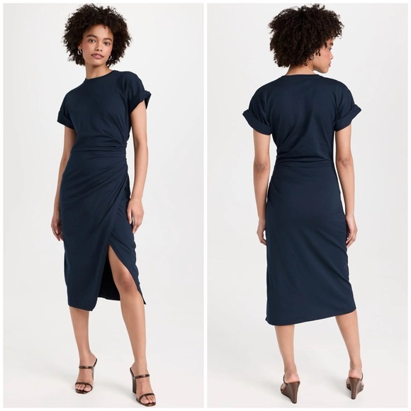 Frame Denim | Dresses | Frame Faux Wrap Midi Dress In Navy M | Poshmark